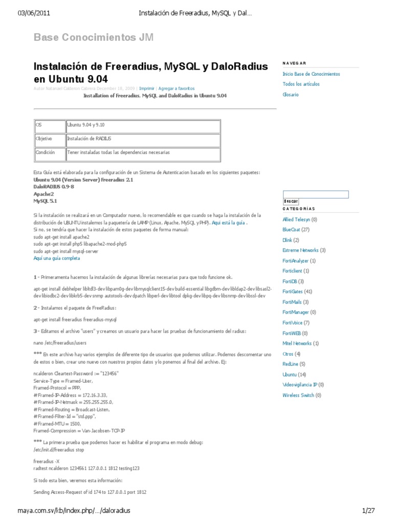 Instalación de Freeradius, MySQL y DaloRadius en Ubuntu 9 | PDF | Mi sql | Servidor HTTP Apache