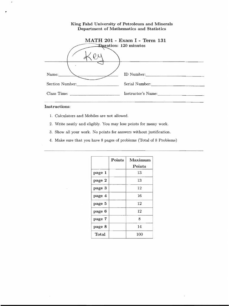 MATH 201 - Exam I - Term 131 | PDF | Angle | Euclidean Vector