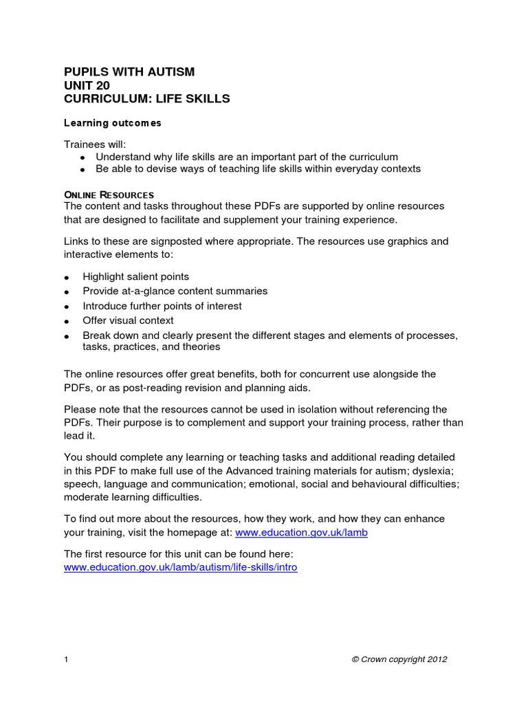 Pupils With Autism Unit 20 Curriculum: Life Skills: Learning Outcomes ...