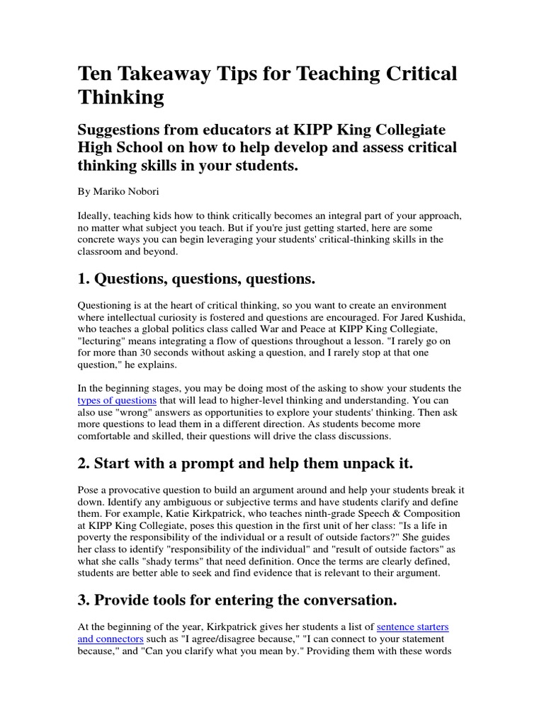 10 Tips for Teaching Critical Thinking | PDF | Conversation | Critical ...