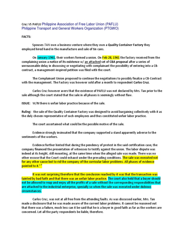 Unfair Labor Practice: Sale of Quality Container Factory Designed to ...
