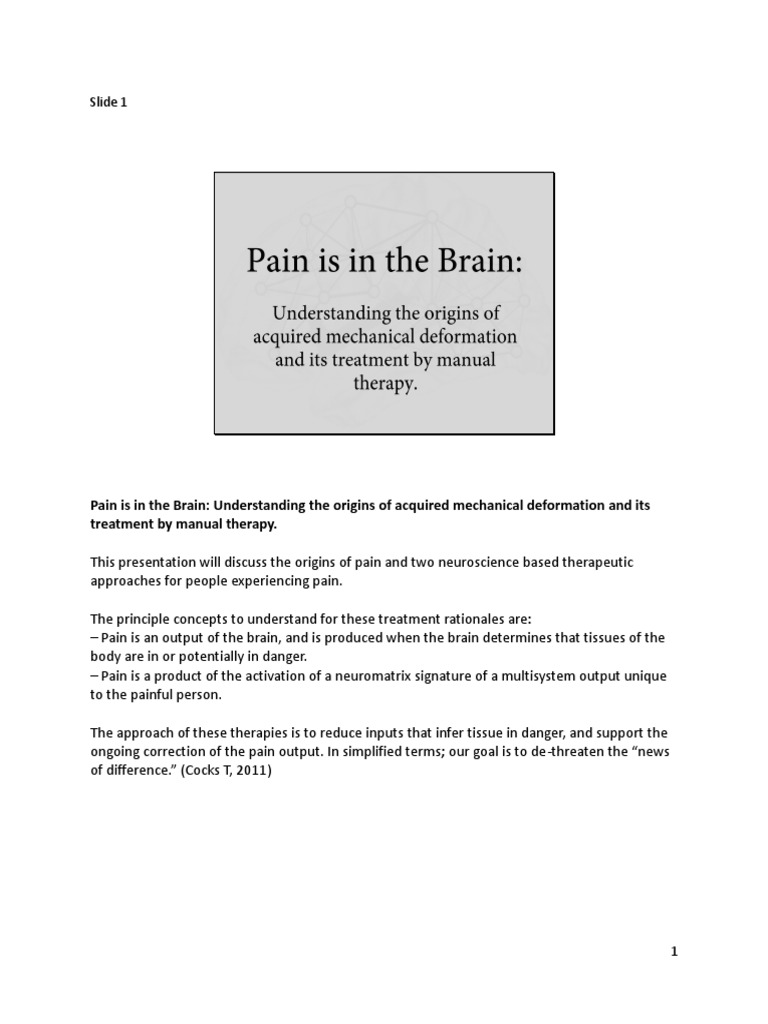 Pain Is in The Brain Handout | PDF | Pain | Nervous System