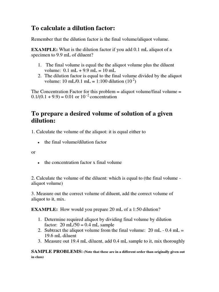 To Calculate A Dilution Factor | PDF