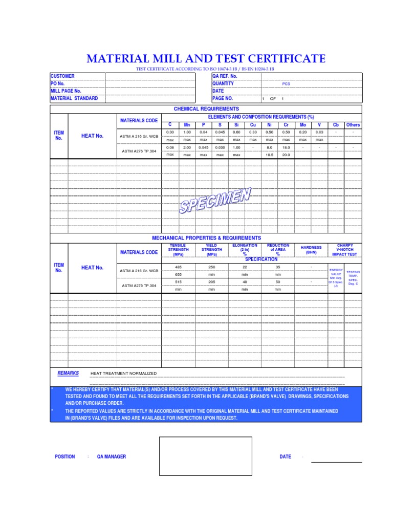 Material Mill & Test Certificate | PDF