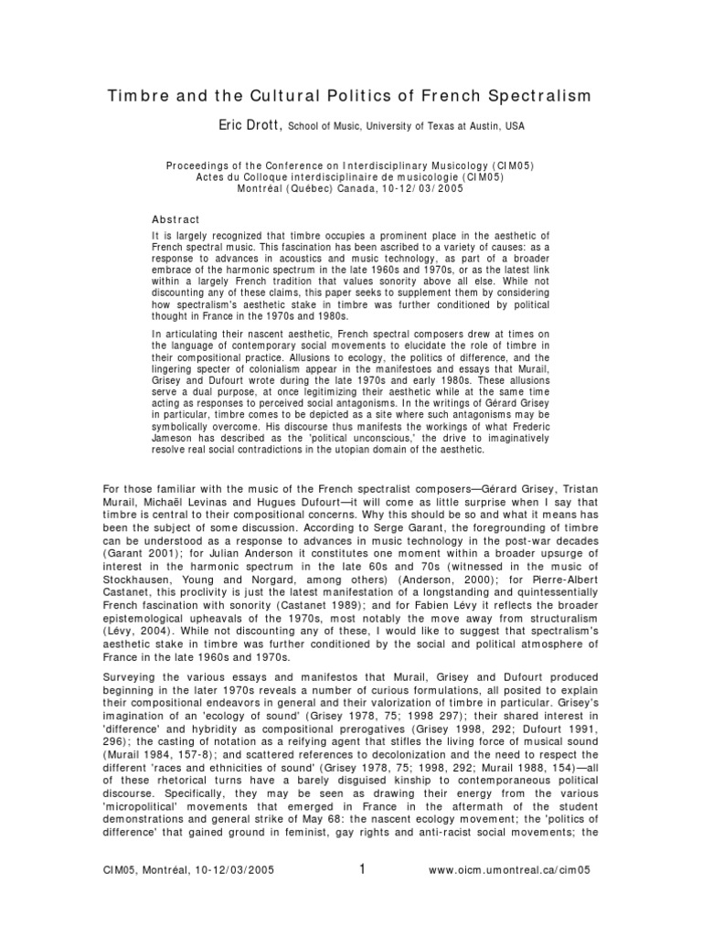 Timbre and The Cultural Politics of French Spectralism | PDF ...