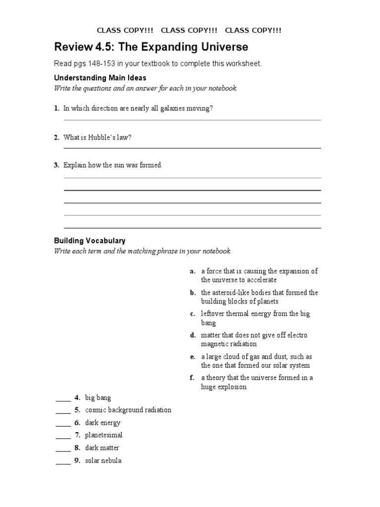 Expanding Universe Worksheet Guide | PDF