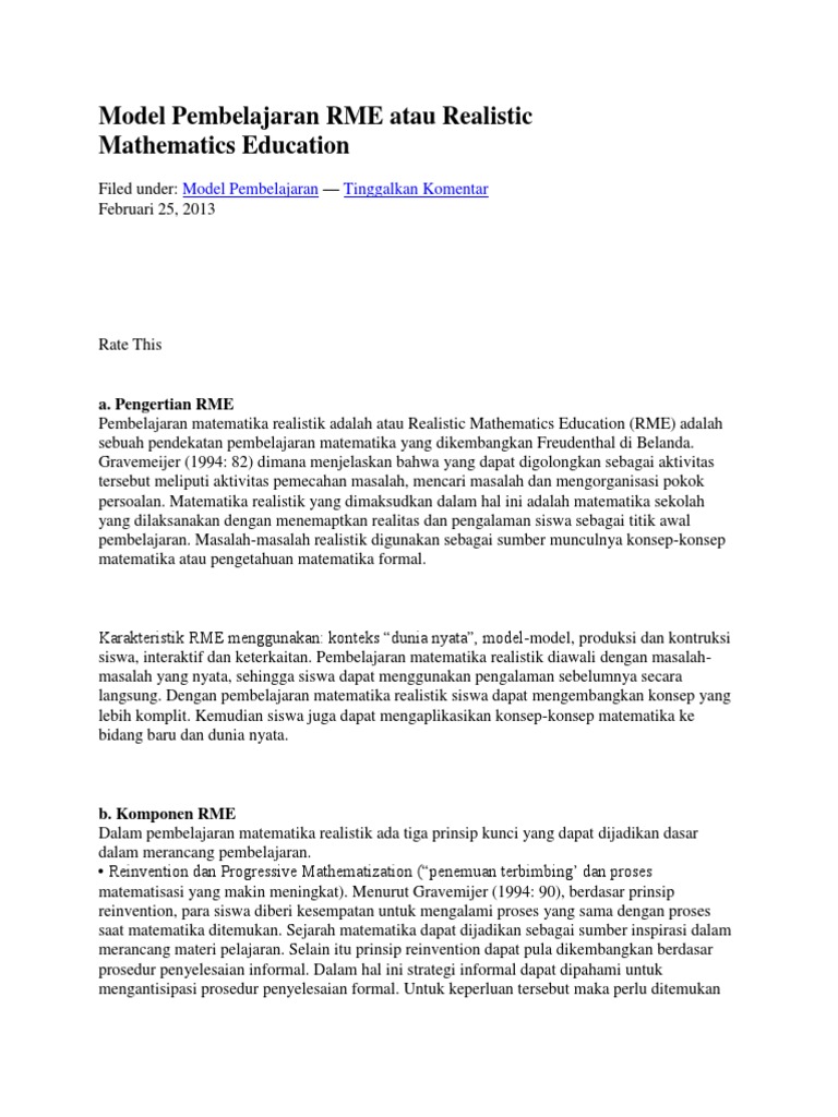 Model Pembelajaran RME Atau Realistic Mathematics | PDF | Karier ...