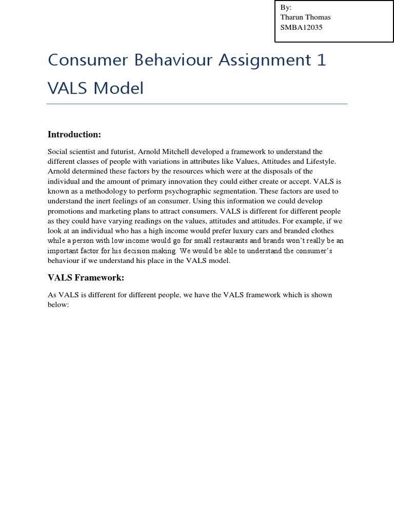Consumer Behaviour Assignment 1 VALS Model | PDF | Consumer Behaviour | Motivation