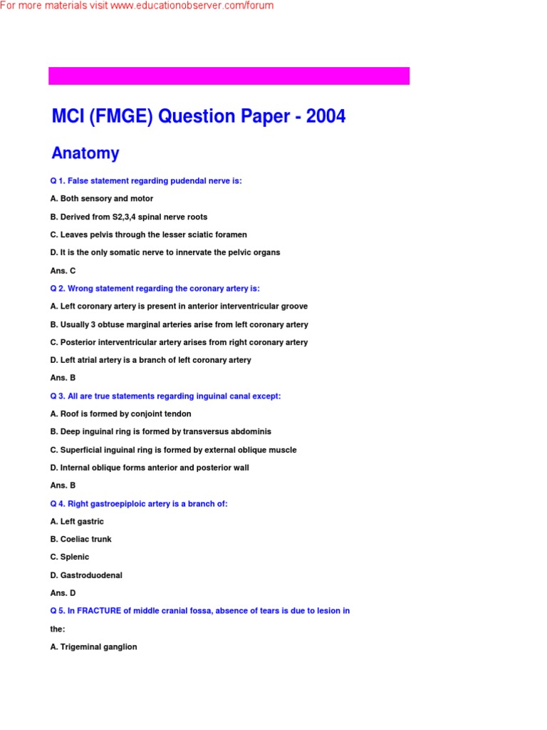 MCI FMGE Previous Year Solved Question Paper 2004 | PDF | Sensitivity ...