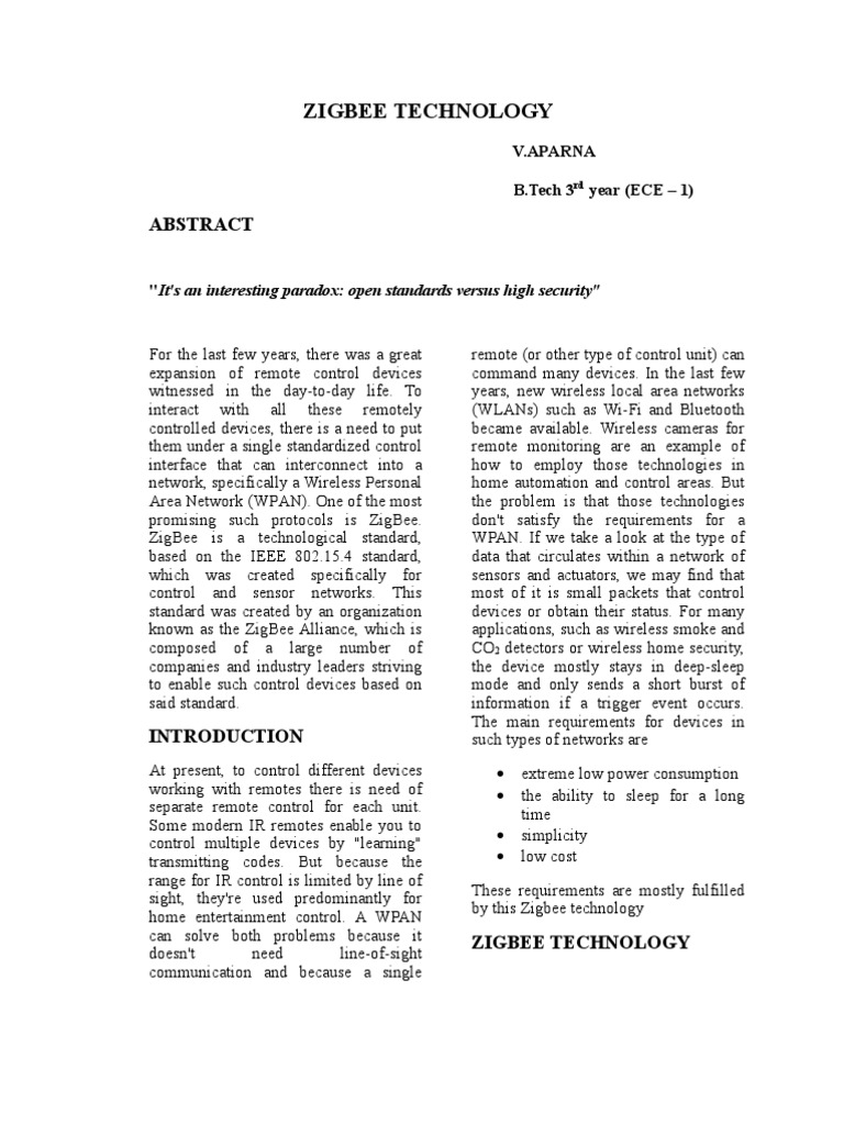 Zigbee Technology: V.Aparna B.Tech 3 Year (ECE - 1) | PDF | Bluetooth ...