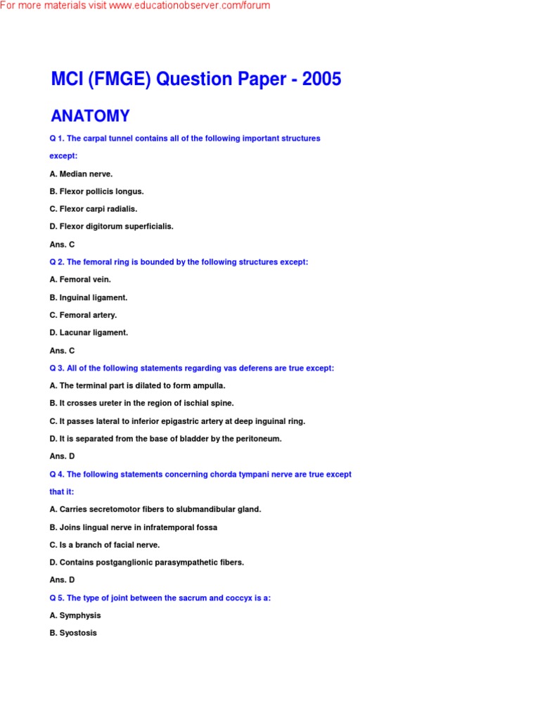 MCI FMGE Previous Year Solved Question Paper 2005 March | Lymphatic ...