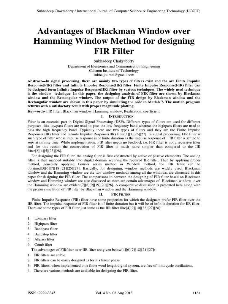 Advantages of Blackman Window Over Hamming Window Method For Designing ...