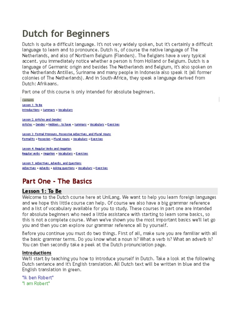 Dutch For Beginners Long | PDF | Grammatical Gender | Noun