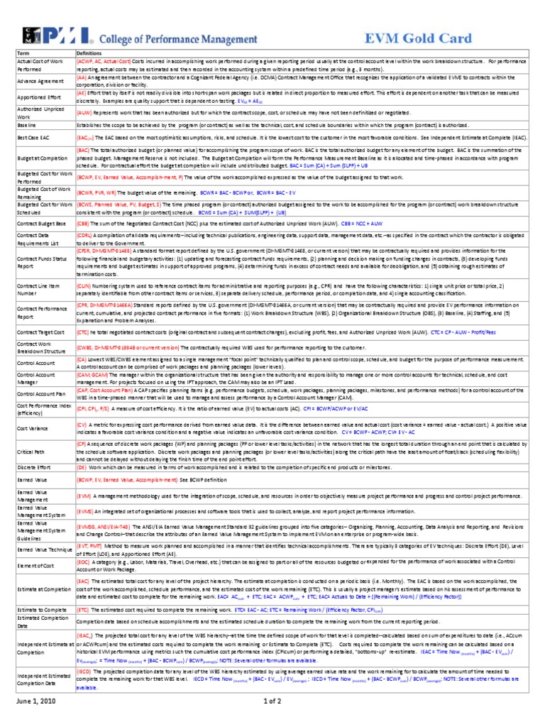 Project Management EVM-Gold Card PDF | PDF | Projects | Project Management