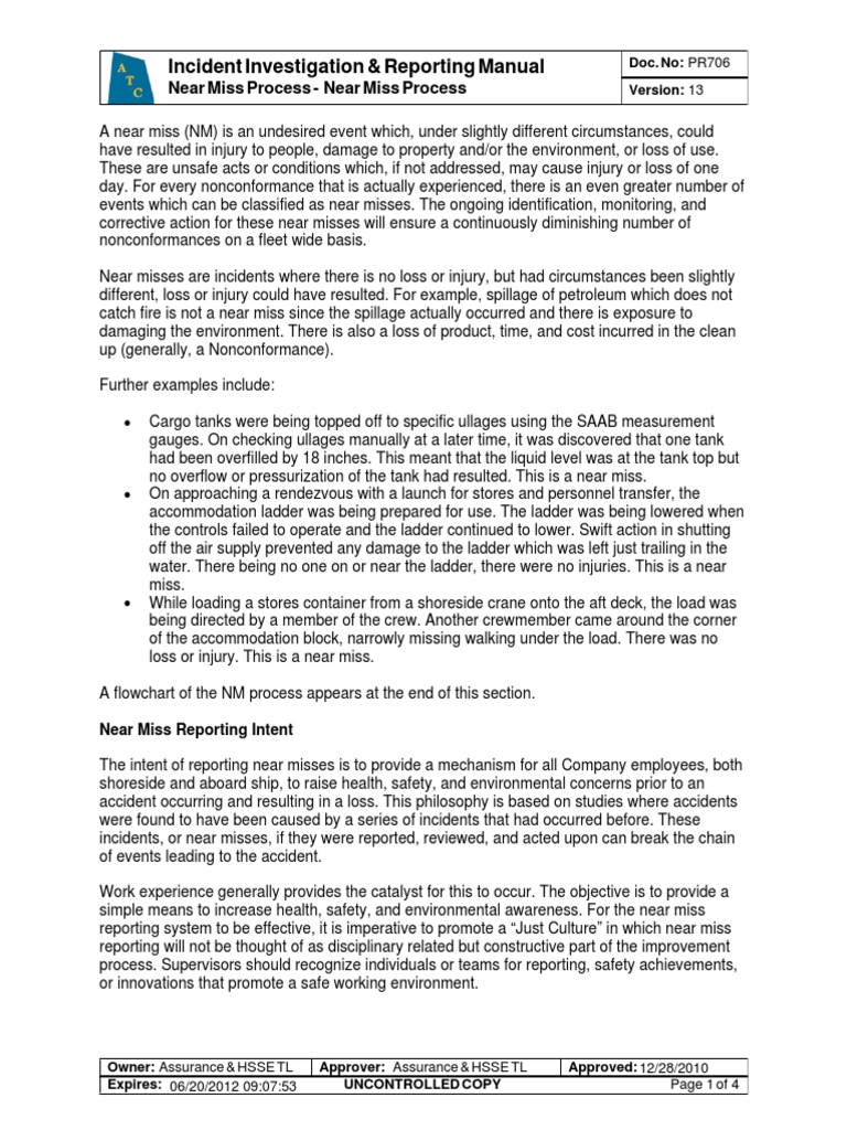 Near Miss Reporting Procedures | PDF