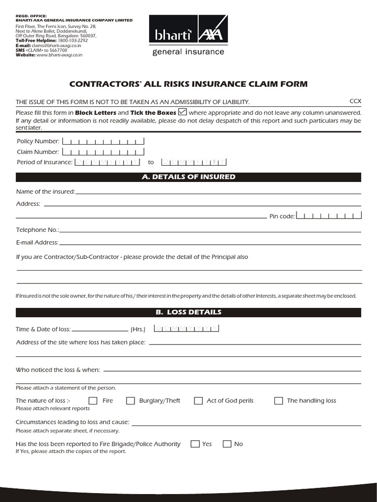 Contractors All Risk - Claim Form | PDF