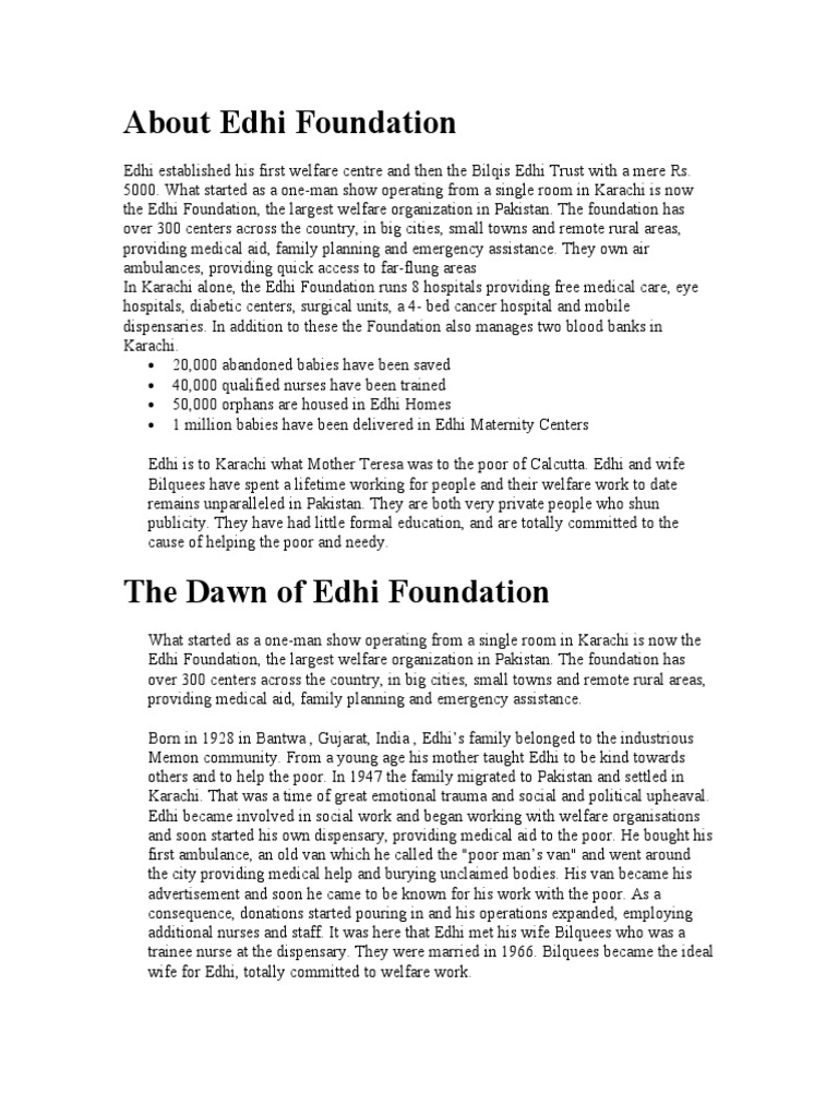 About Edhi Foundation | PDF | Wellness | Medical