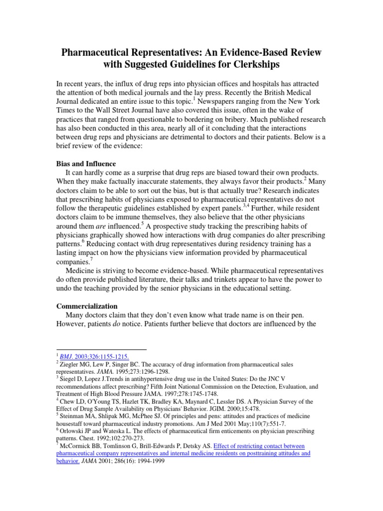 Pharmaceutical Representatives: An Evidence-Based Review With Suggested ...
