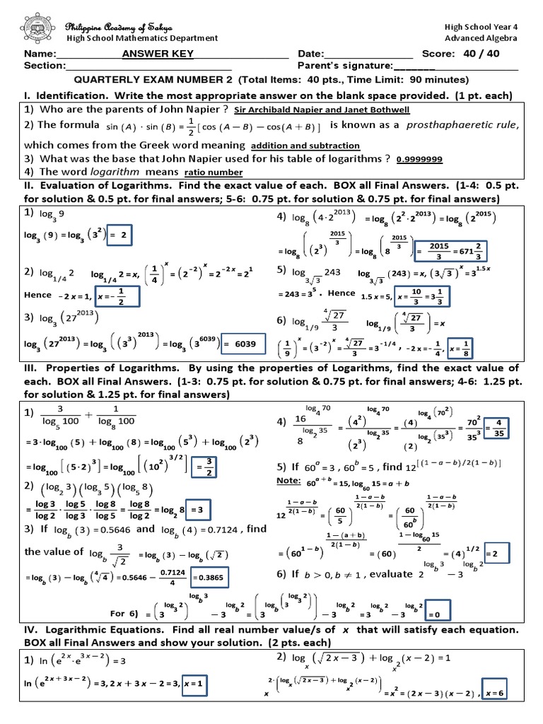 Quarterly Exam 2 - Advanced Algebra - hs4 - Answer Key | PDF ...