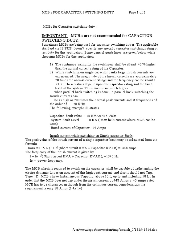 MCB Cap Switching | PDF | Capacitor | Power (Physics)