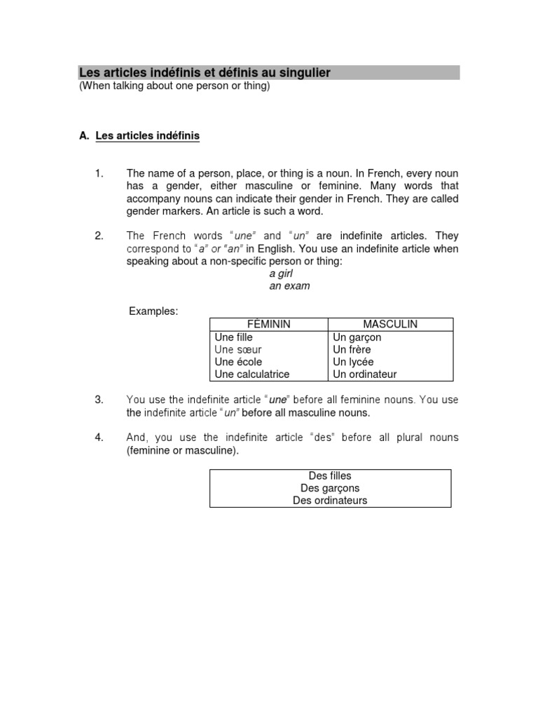 Les Articles Indéfinis Et Définis Au Singulier | PDF