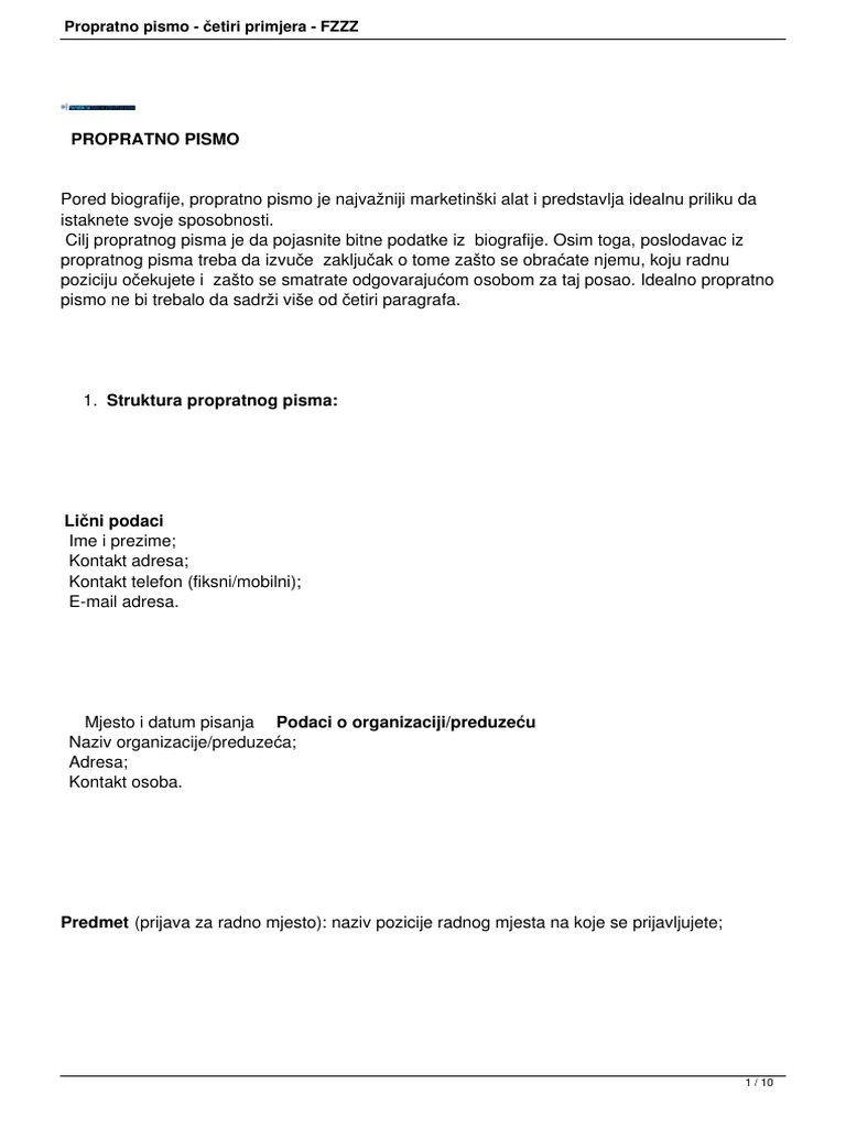 Propratno Pismo Etiri Primjera | PDF