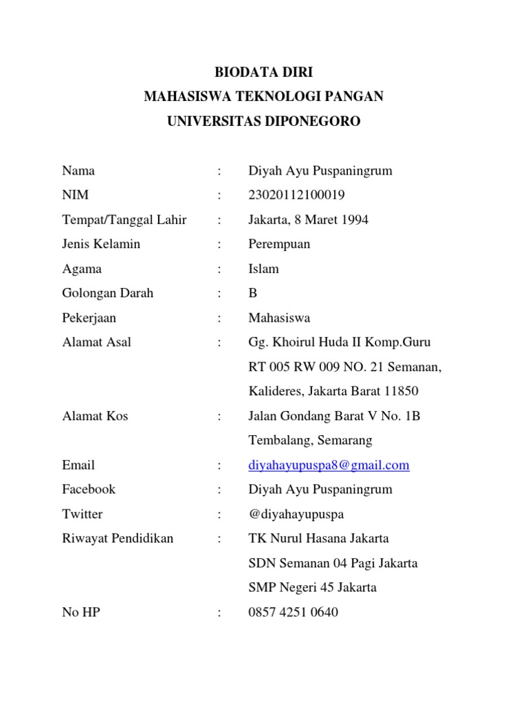 Curriculum Vitae Diyah Ayu Puspaningrum Mahasiswa Teknologi Pangan Universitas Diponegoro Tahun ...