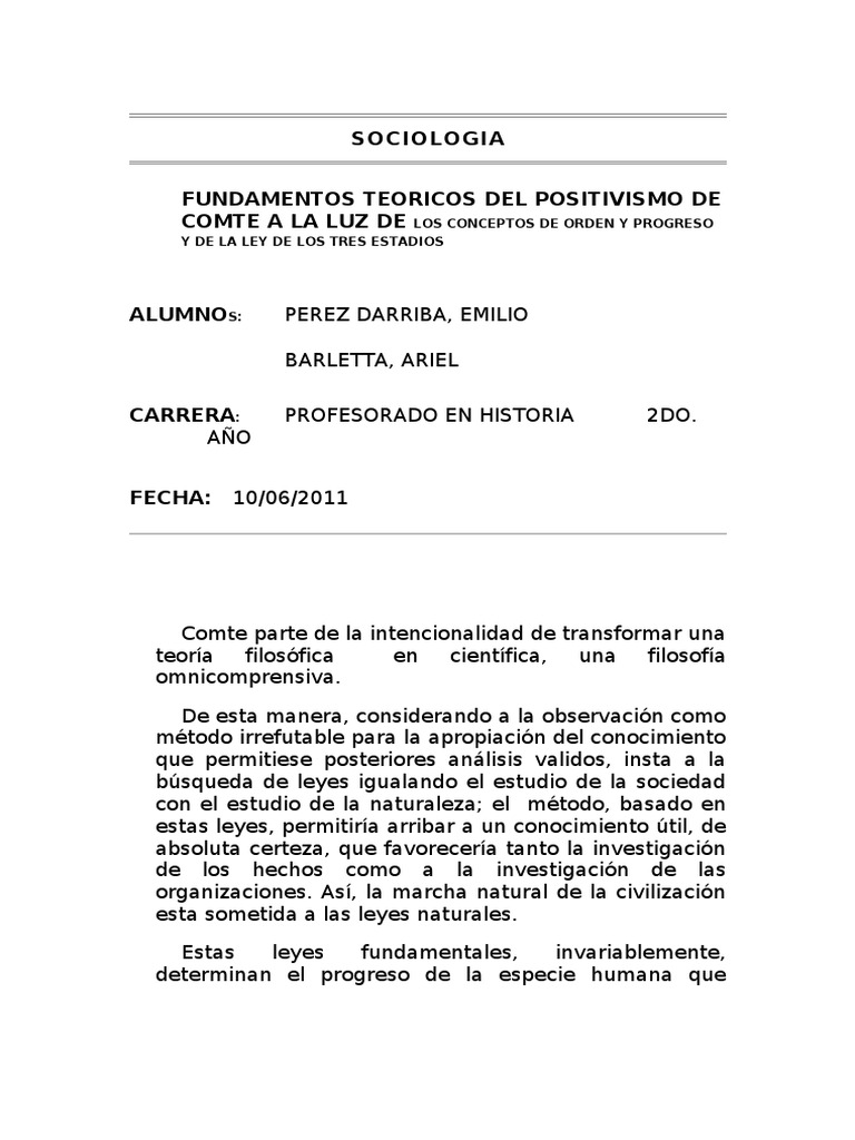 La teoría positiva de la autoridad de Comte: orden, progreso y los tres estadios como fundamento ...
