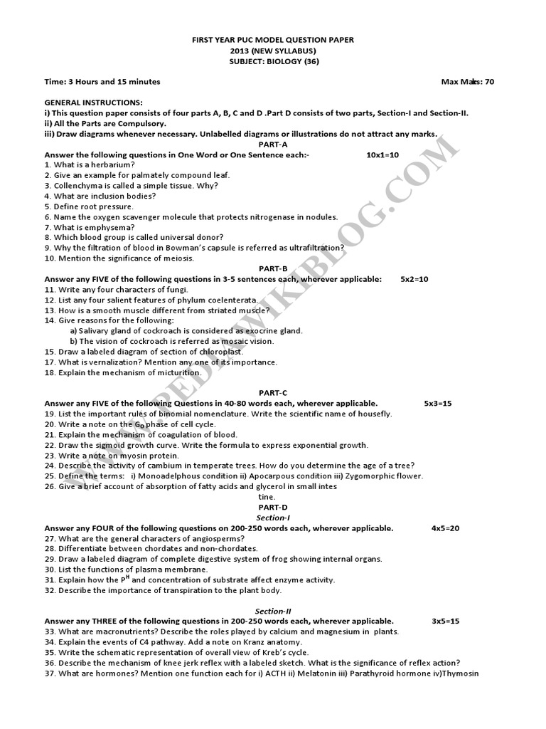 1st PU Biology Model Question Papers 2013 | Digestion | Physiology