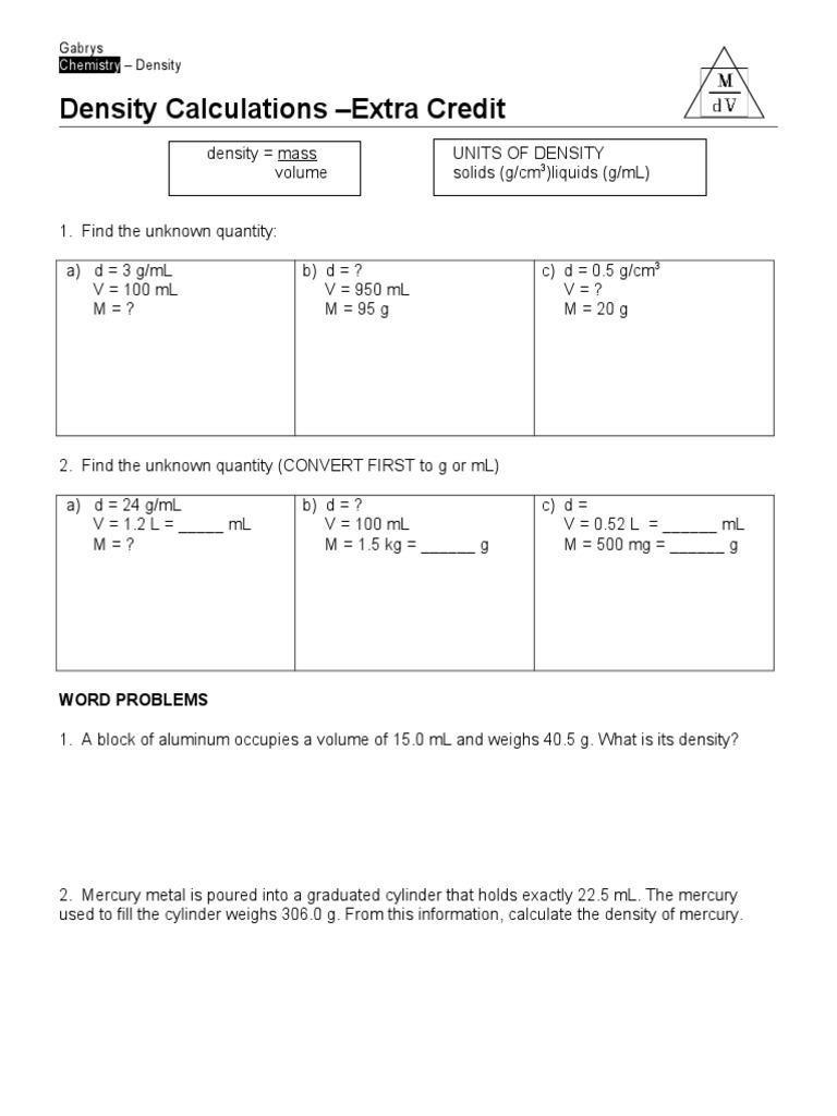Density Volume And Mass Worksheet