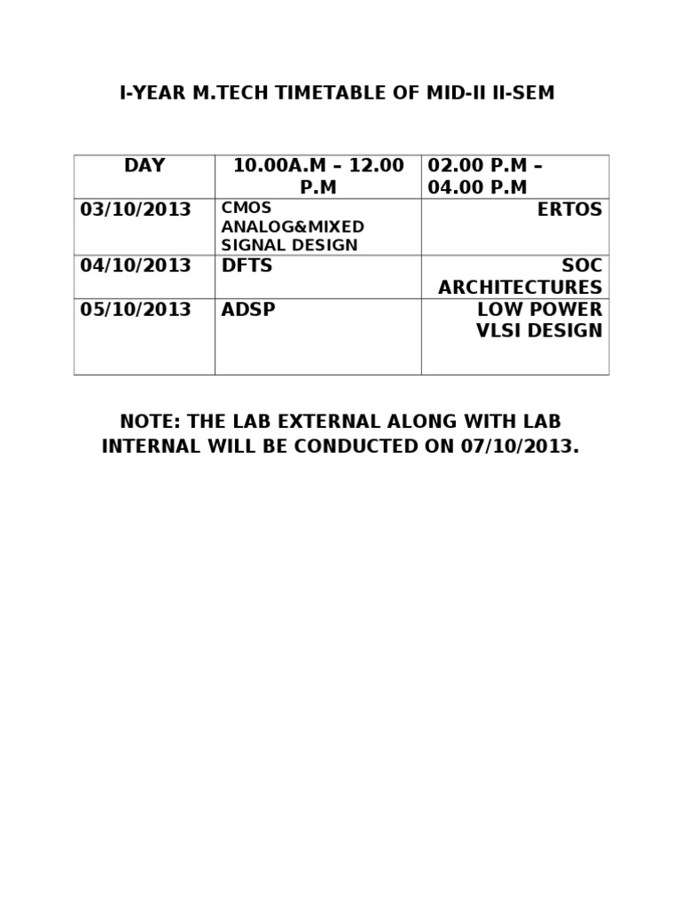 Mid II Timetable | PDF | Technology & Engineering