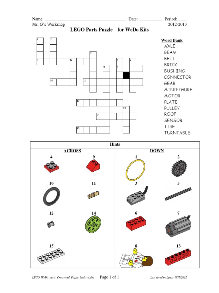 Lego Wedo Parts Crossword Puzzle Basic v4 | PDF