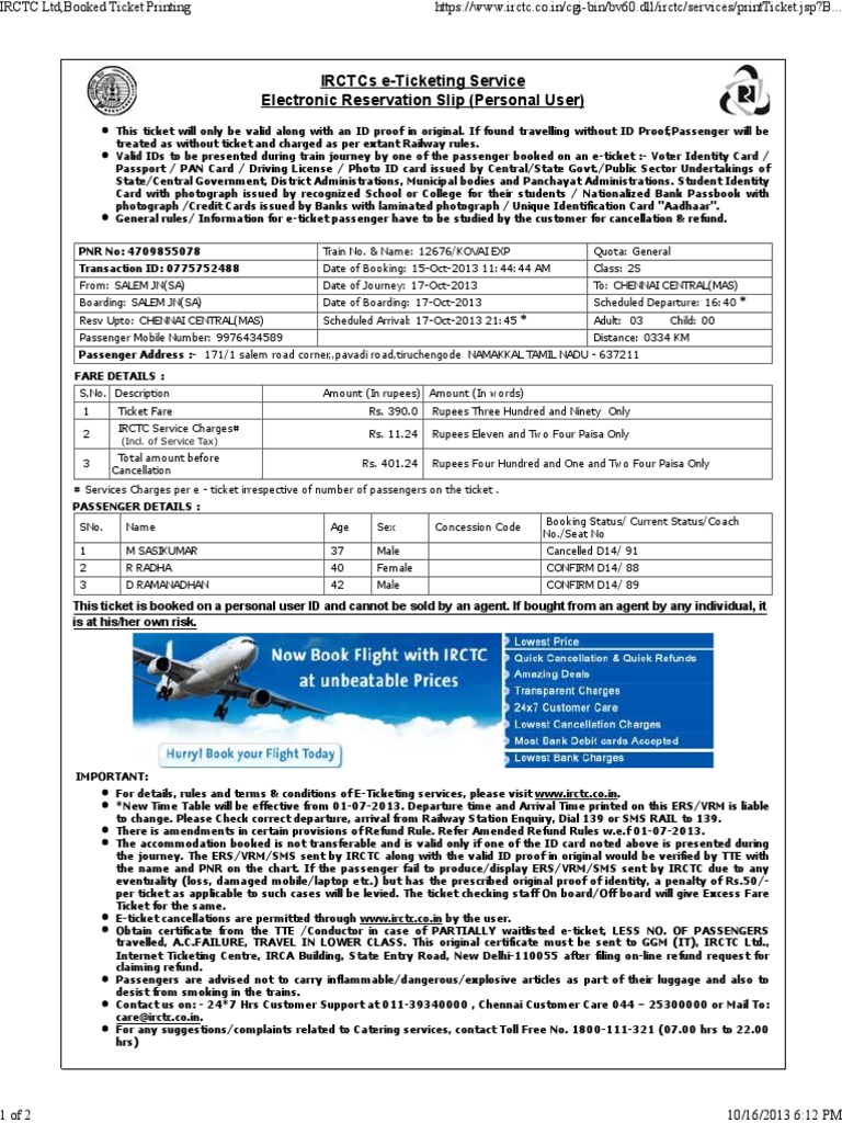 IRCTC E-Ticketing Rules and Details | PDF | Identity Document | Ticket ...