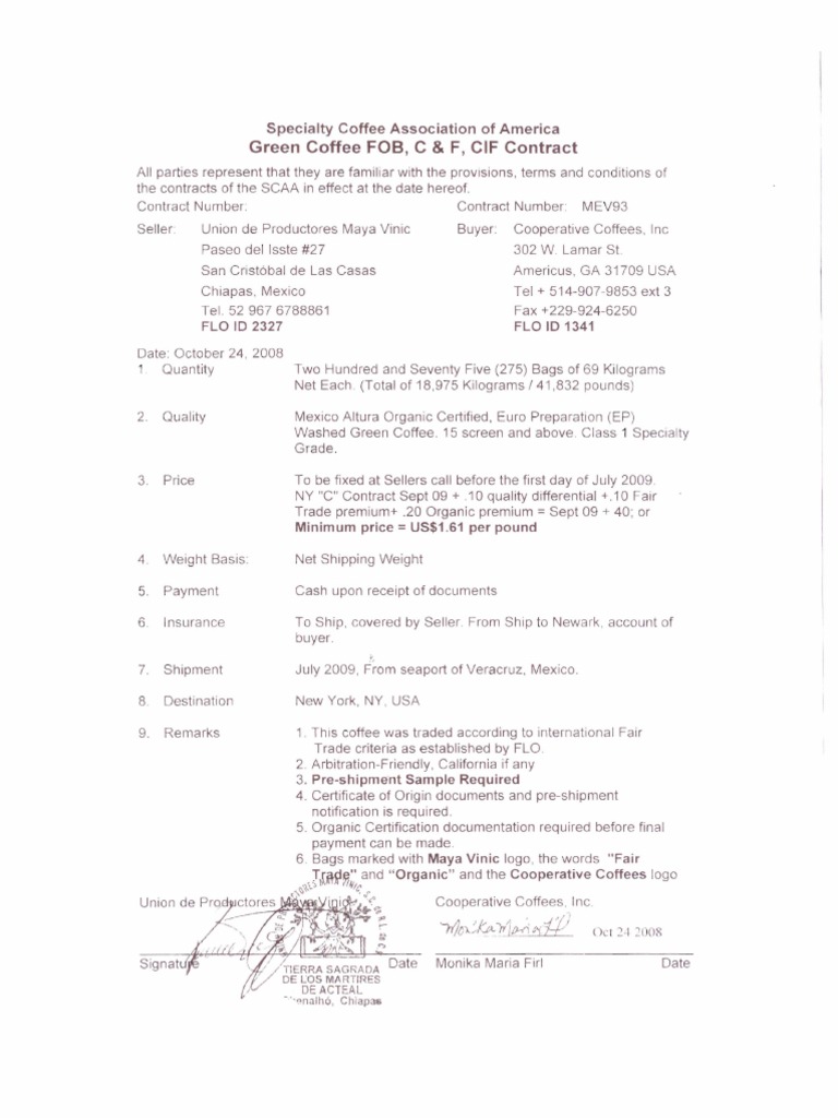 Green Coffee FOB, C & F, CIF Contract: Specialty Coffee Association of ...