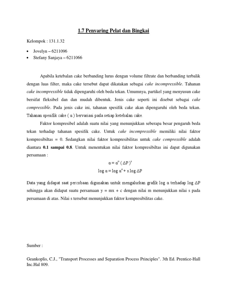 Faktor Kompresibilitas Cake Filtrasi | PDF | Metode & Bahan Ajar