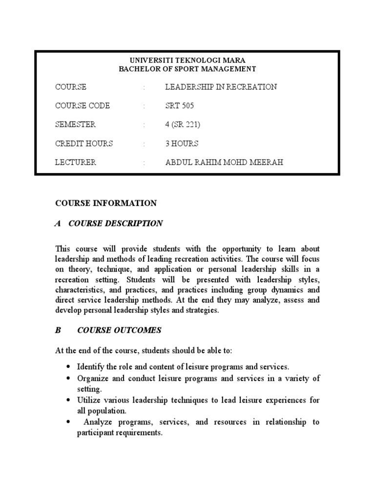 Leadership in Recreation Course Outline | PDF