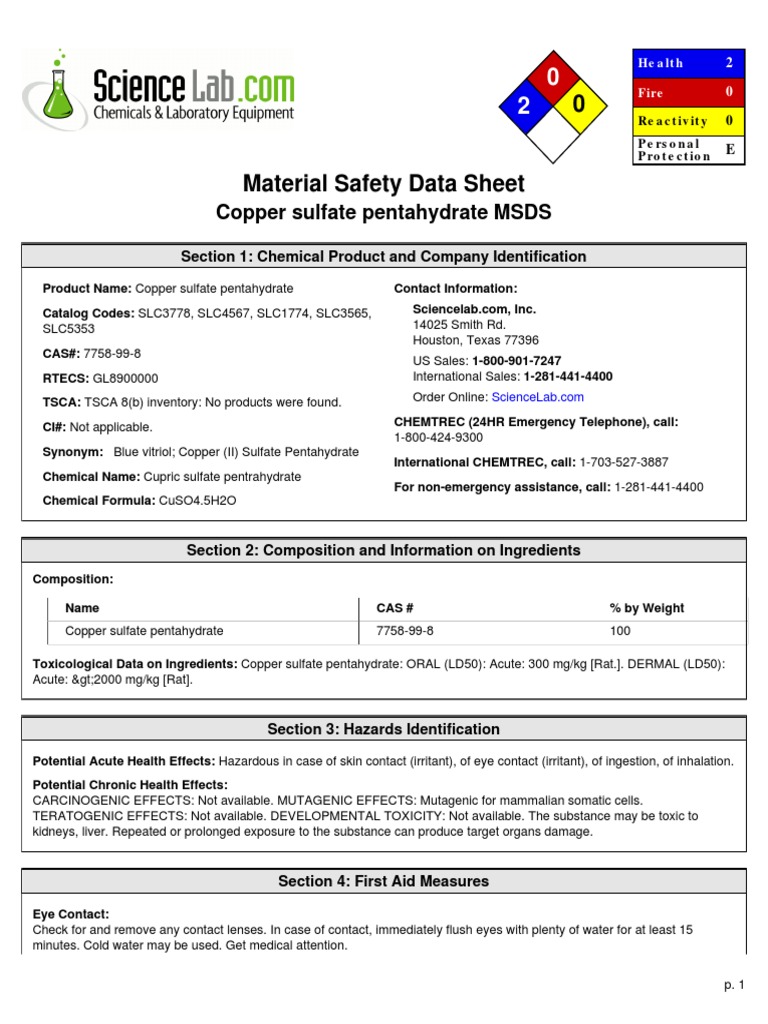 msds CuSO4.5H2O | Personal Protective Equipment | Solubility