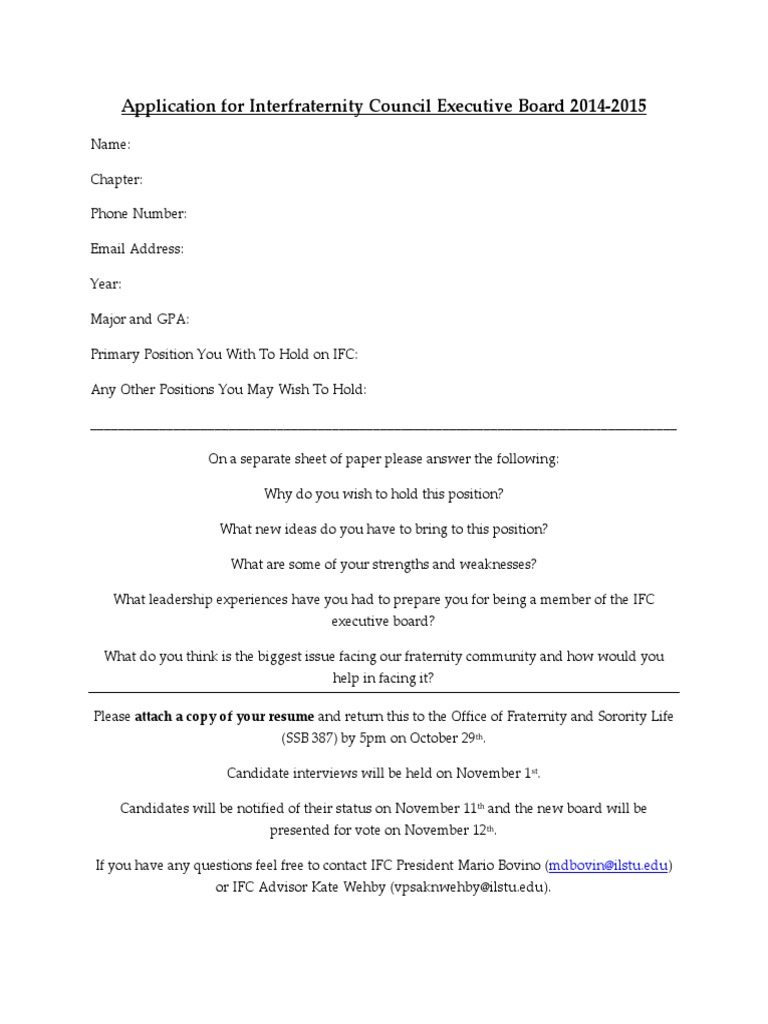 IFC Executive Board Application 2013-2014 | PDF