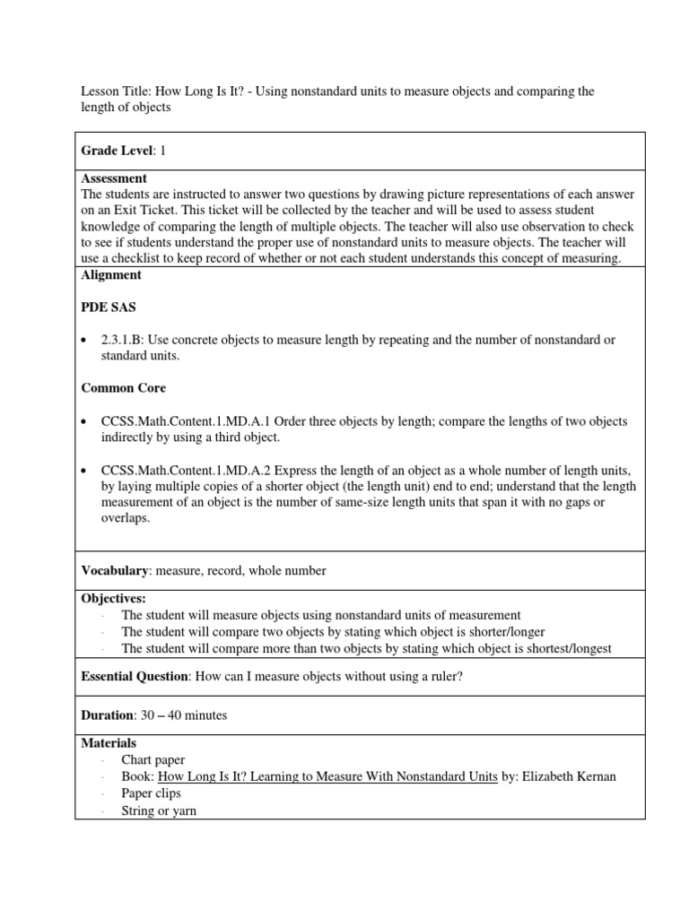 Measurement Lesson Plan for Grade 1 | PDF | Teachers | Question