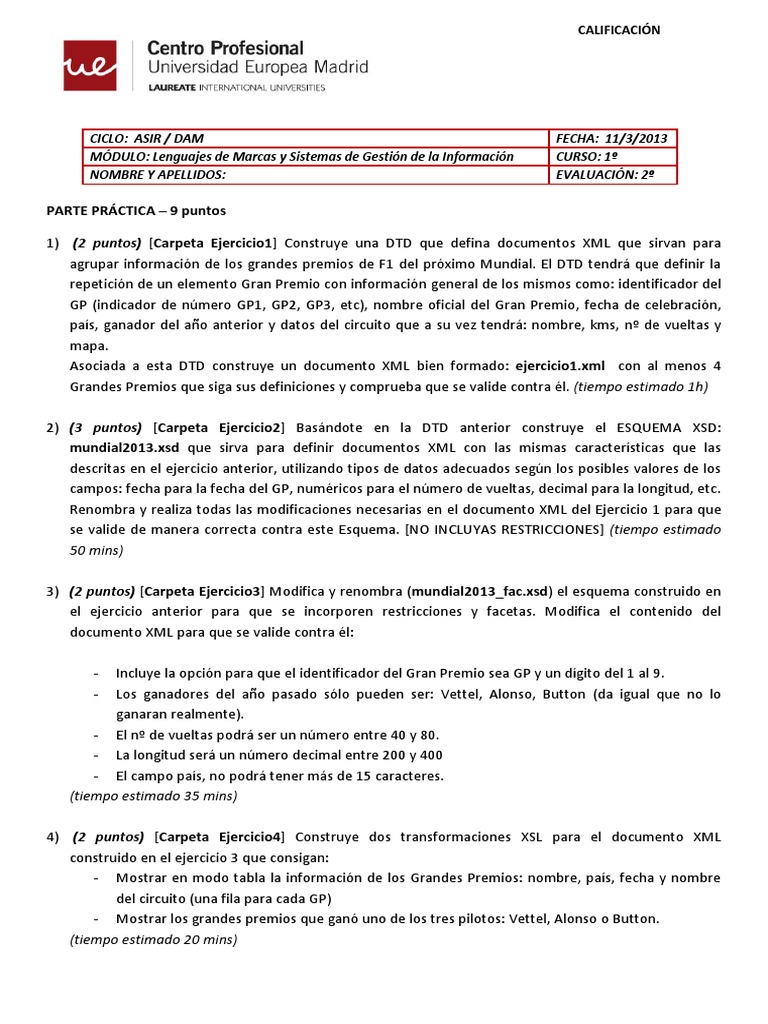 Examen Práctico 2T 2013 LenguajeMarcas | PDF | Informática