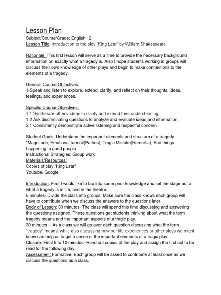 Lesson Plan Engl12 King Lear Intro | PDF | Tragedy | Lesson Plan