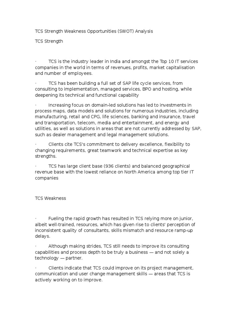Tcs Swot Analysis | Outsourcing | Sap Se