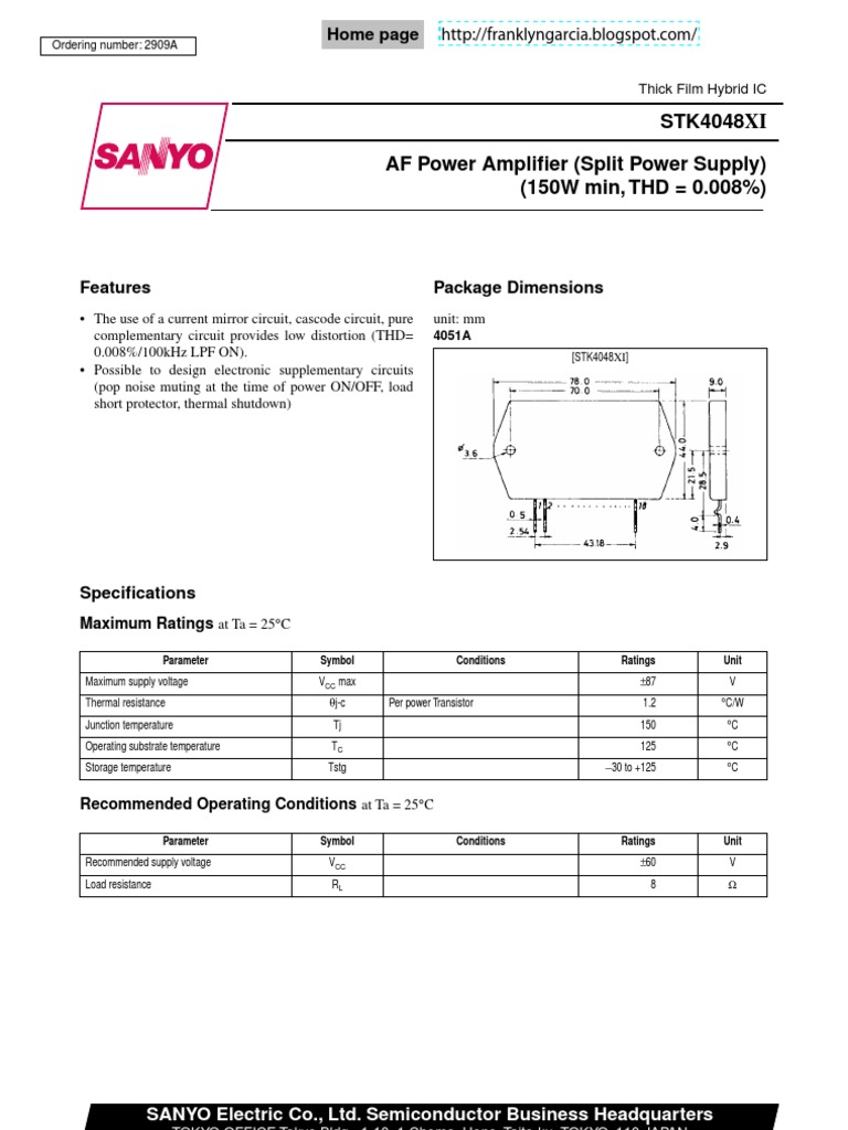 STK4048 AF Power Amplifier (Split Power Supply) (150W Min, THD 0.008% ...