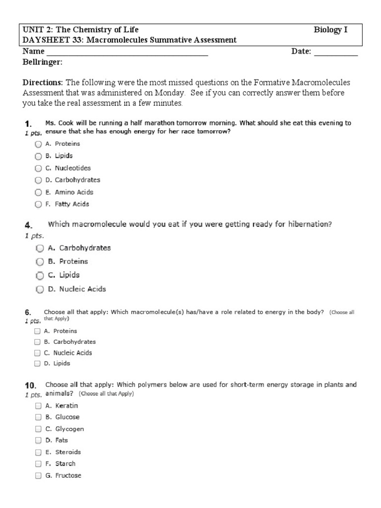 Biology I: Macromolecules Assessment | PDF | Experiment | Educational ...