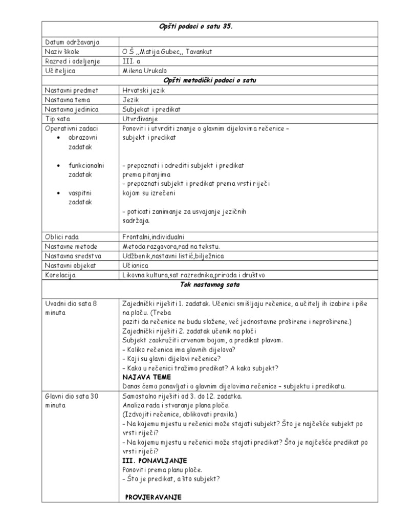 Priprema Subjekat I Predikat Utv. | PDF