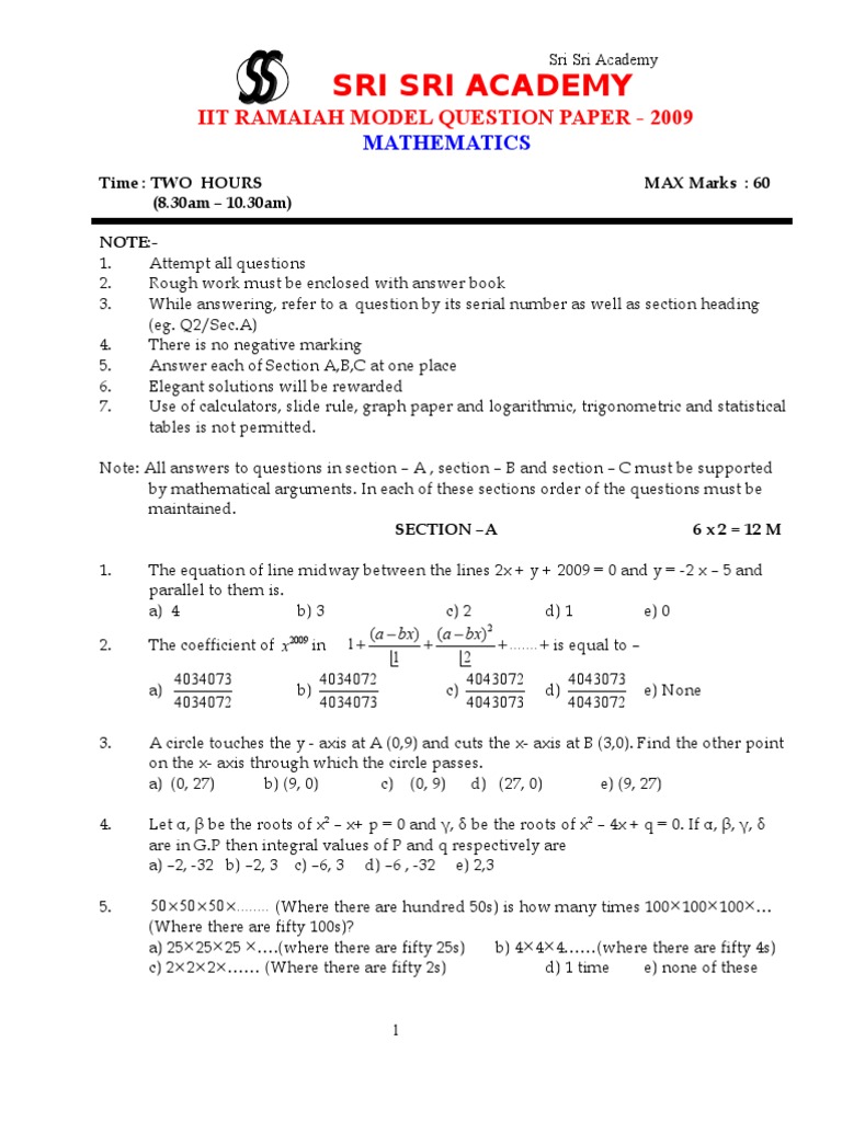 IIT Ramaiah Maths Question Paper 2009 | PDF | Triangle | Acid