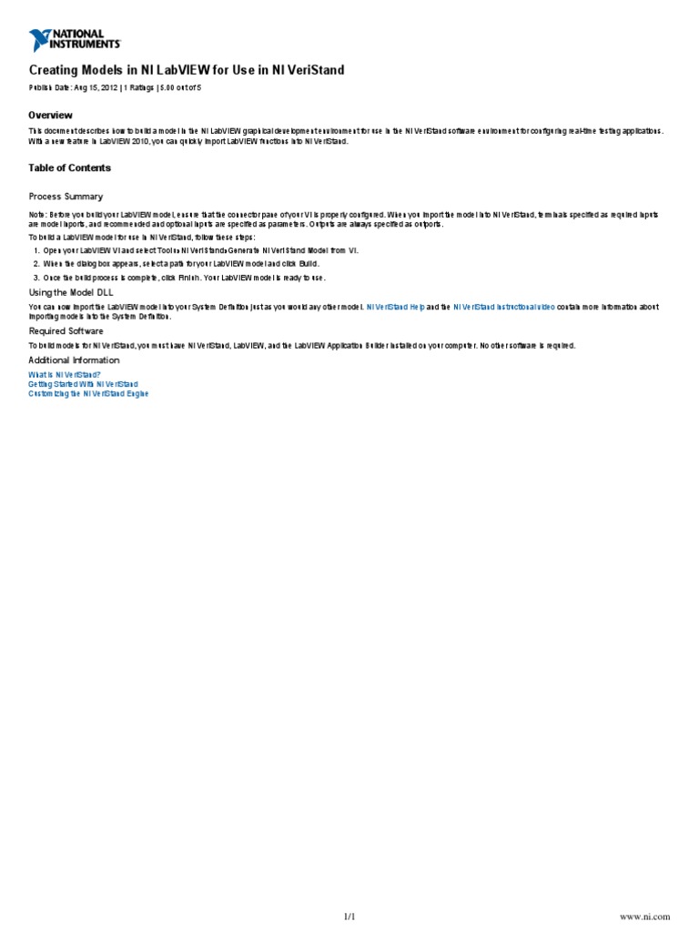 Creating Models in NI LabVIEW For Use in NI VeriStand | PDF