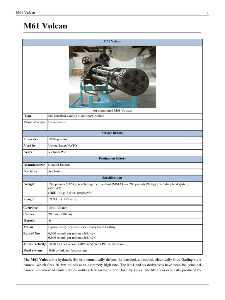 M 61 Vulcan Cannon | PDF | Military Science | Artillery