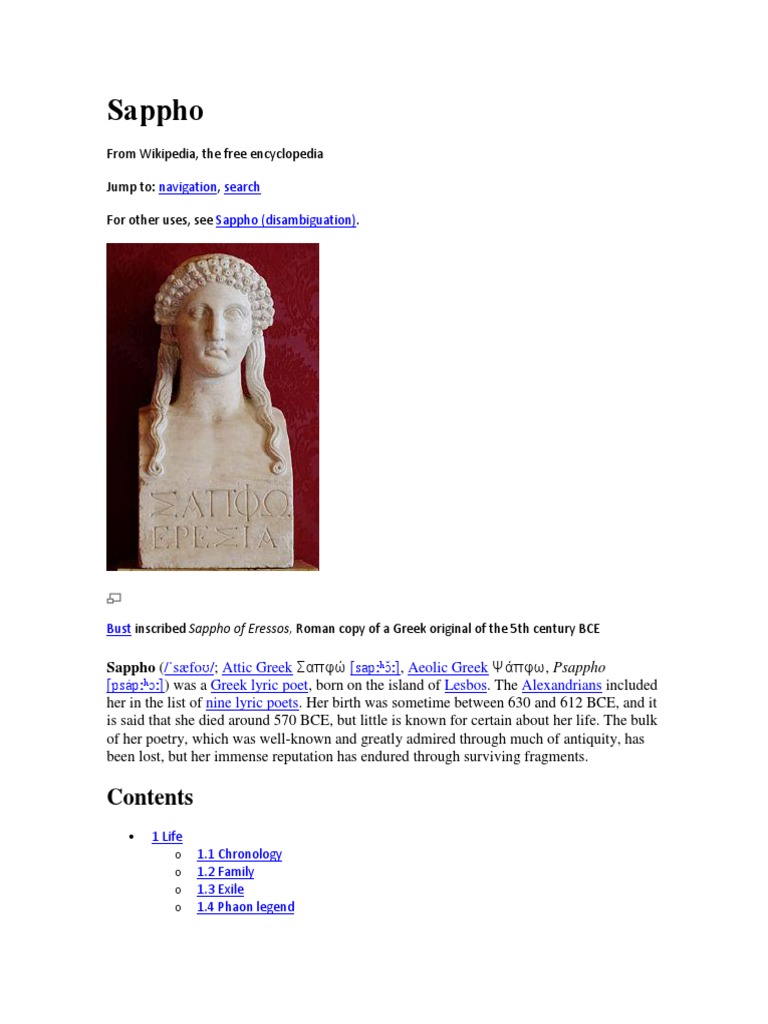 Sappho: From Wikipedia, The Free Encyclopedia Jump To:, For Other Uses ...