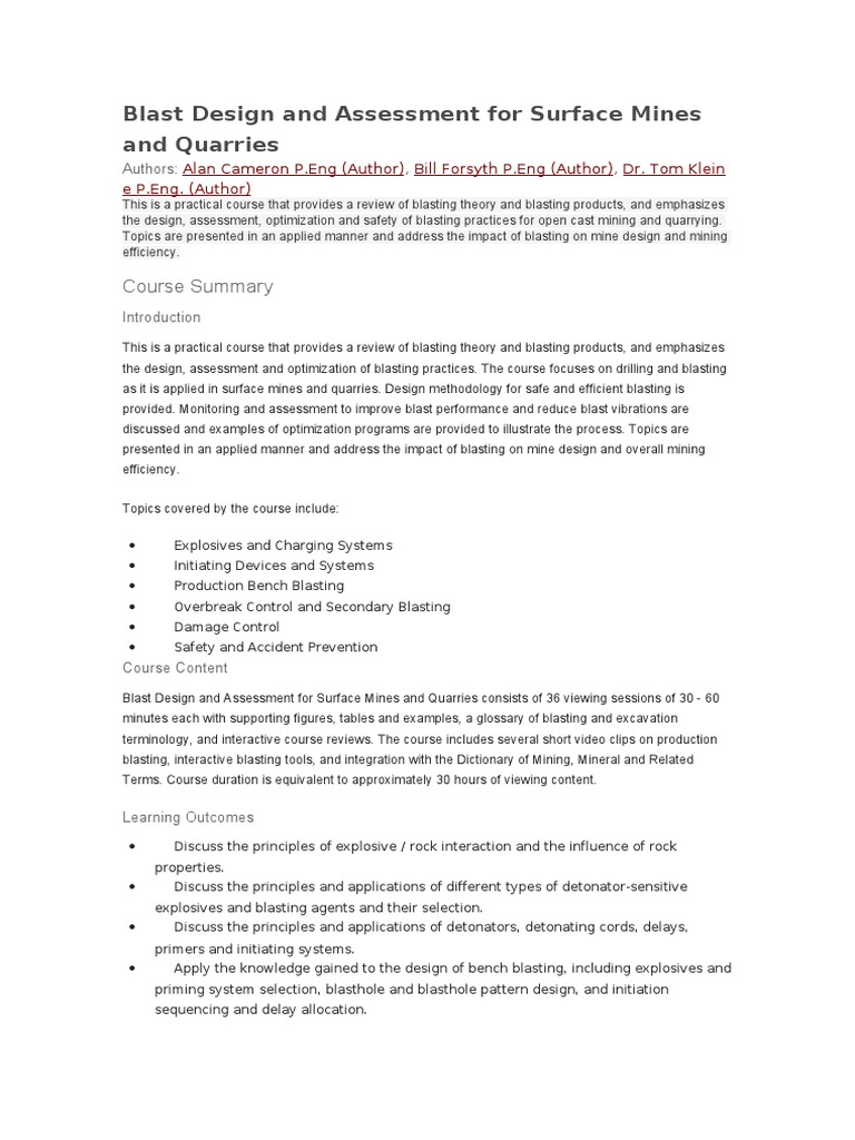 Blast Design and Assessment For Surface Mines and Quarries | PDF ...